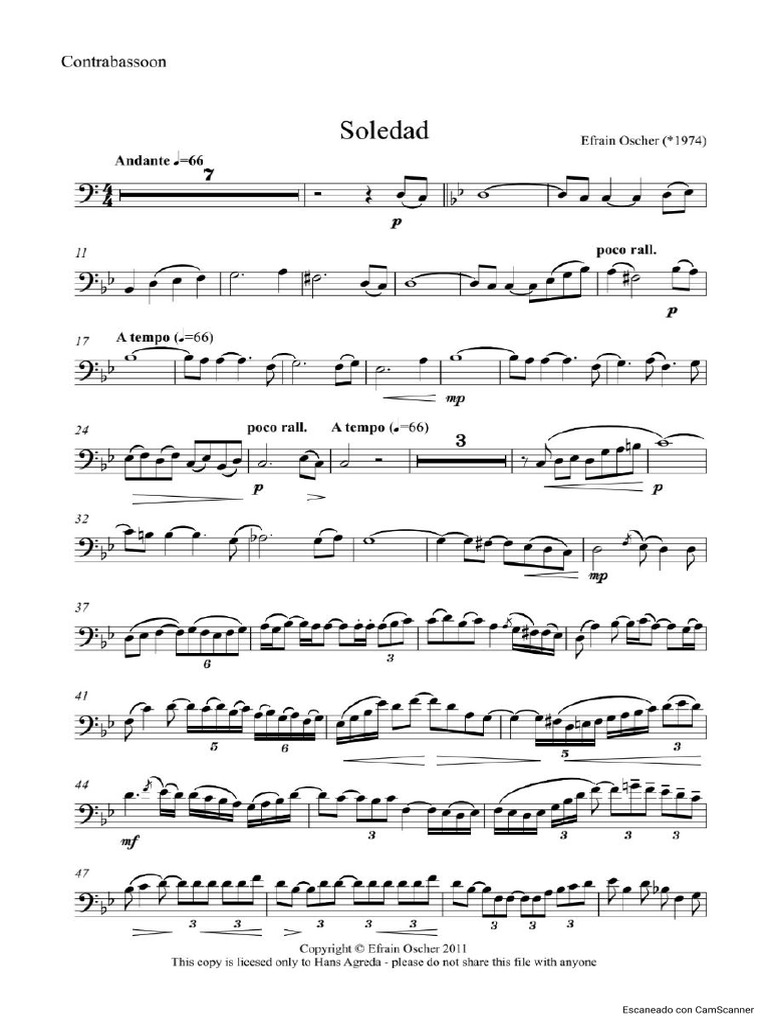 Soladad For Contrbasson and Piano - Contrabassoon Part | PDF