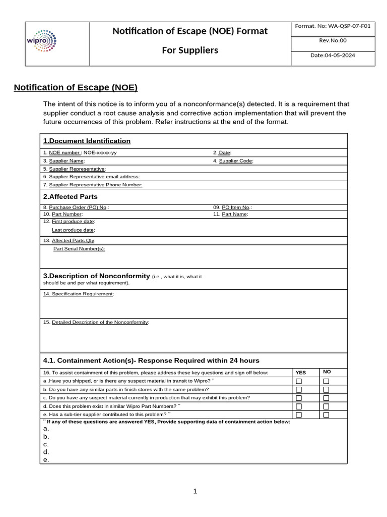 WA QSP 07 F01 - Notification of Escape Format For Suppliers | PDF