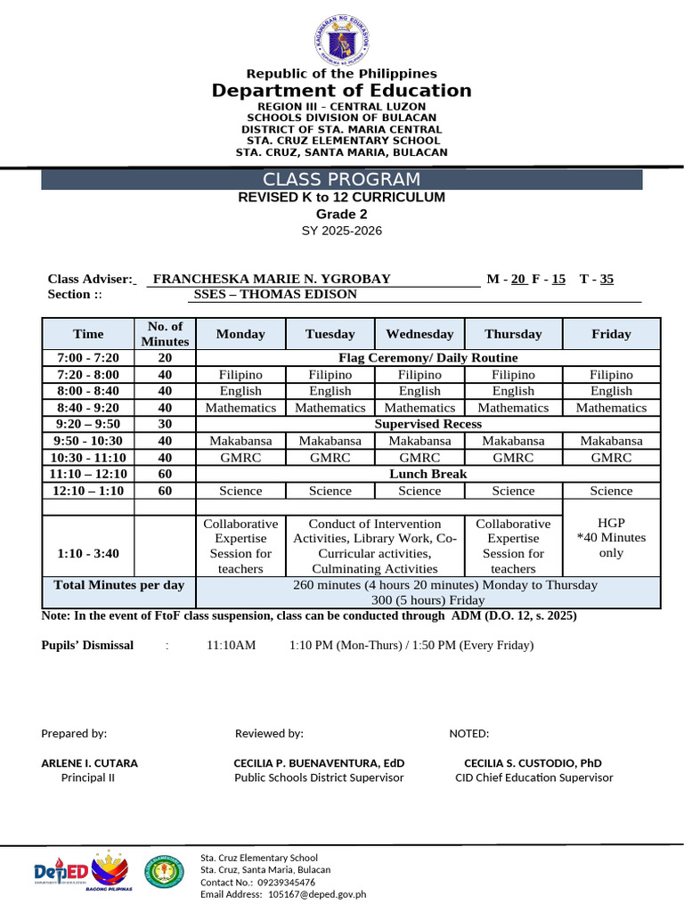 SSES 2 Class and Teacher Program | PDF