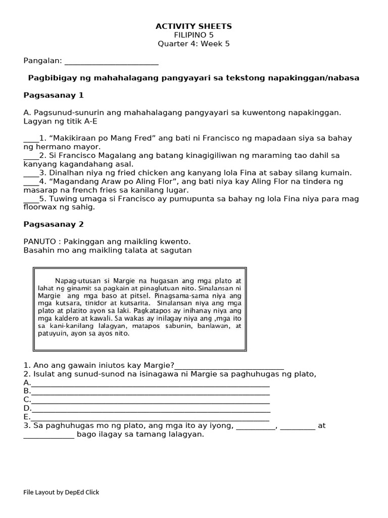 Filipino 5 Activity Sheet q4 w5 | PDF