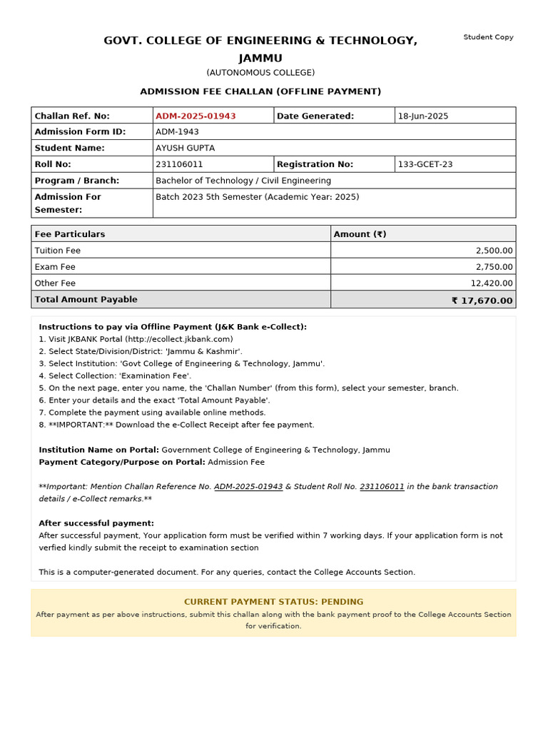 Admission Fee Challan Instructions | PDF | Receipt