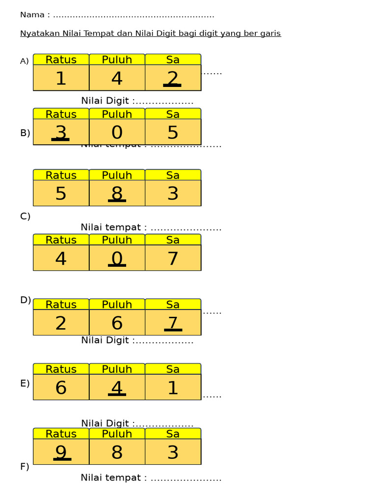 Latihan Nilai Tempat Nilai Digit N Cerakin Tahun 2 | PDF