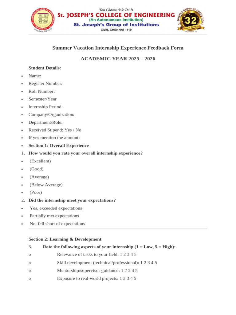 Summer Vacation Internship Experience Feedback Form | PDF