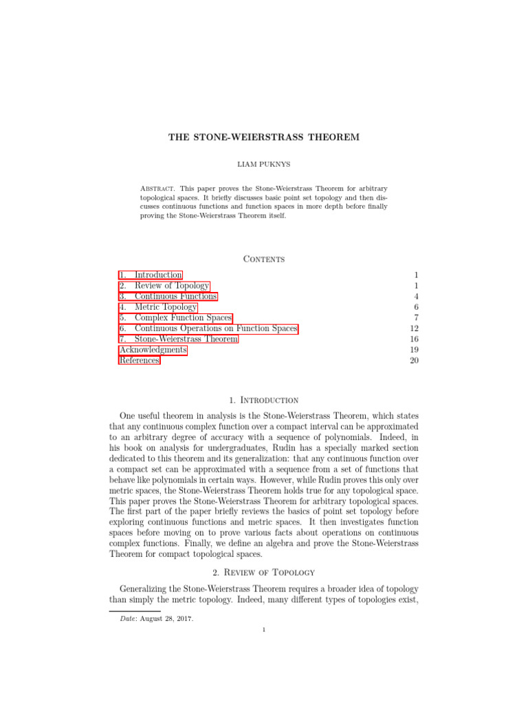 Stone Weierstrass Theorem | PDF | Compact Space | Continuous Function