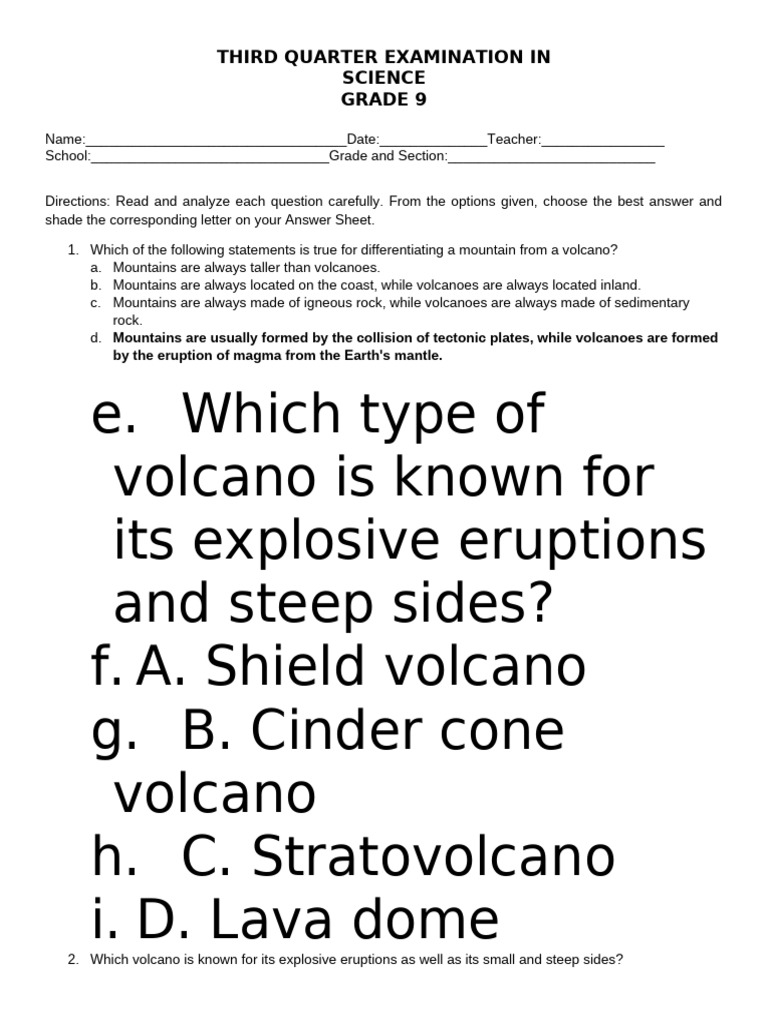 SCIENCE 9 - 3rd Quarter Exam 2 | PDF | Types Of Volcanic Eruptions | Volcano