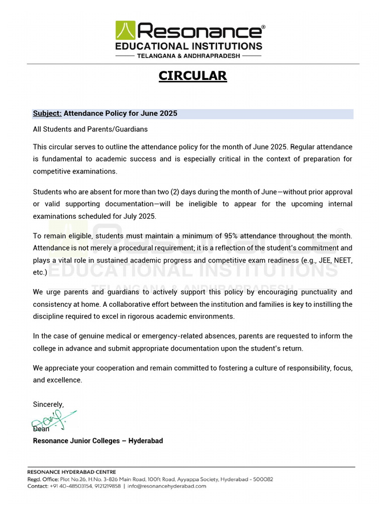 June 2025 Attendance Policy Circular | PDF