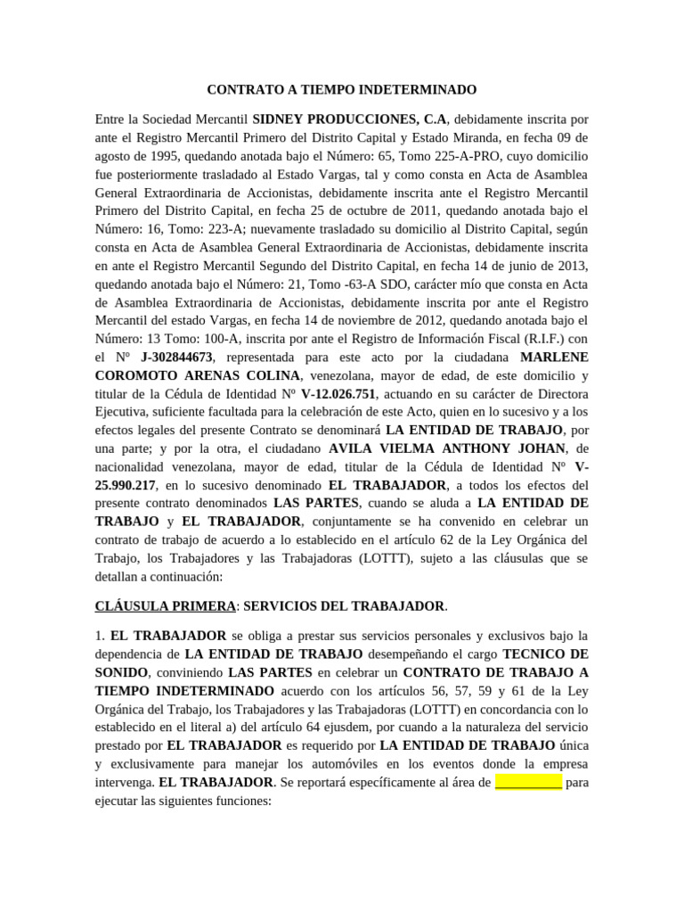 01 Contrato de Trabajo A Tiempo Indeterminado. | PDF | Derecho laboral | Salario