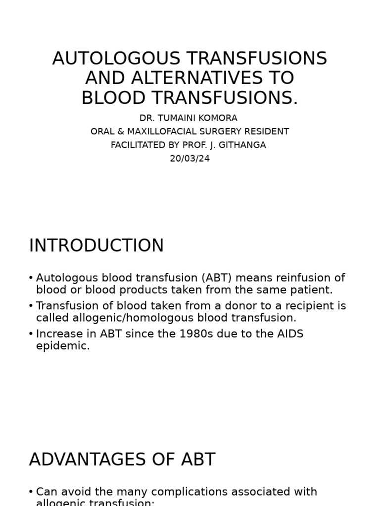 Autologous Transfusion Techniques | PDF | Blood Transfusion | Medical ...