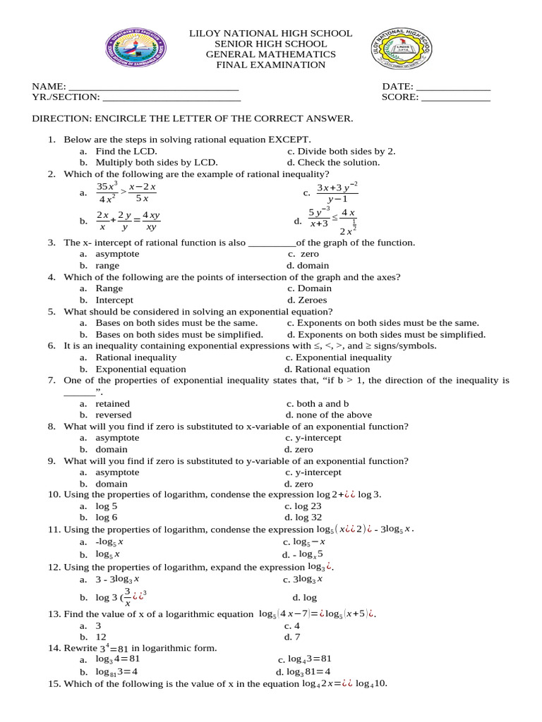 Final Exam Test Paper | PDF | Logarithm | Function (Mathematics)