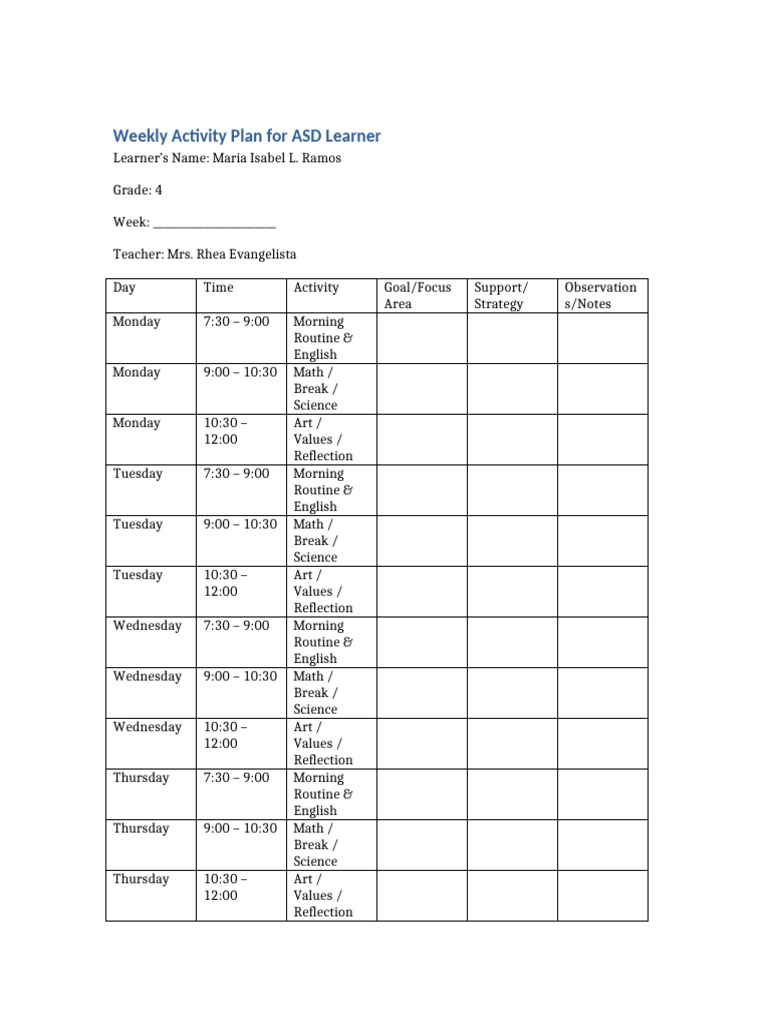Weekly Activity Plan for ASD Learner | PDF