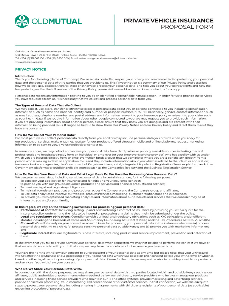 C5214 - OMA - Kenya - Private Vehicle Insurance Proposal Form | PDF ...