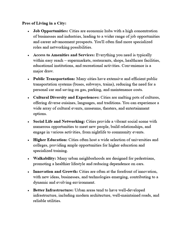 Living in A City (Pros and Cons) | PDF | Cost Of Living | Urban Planning