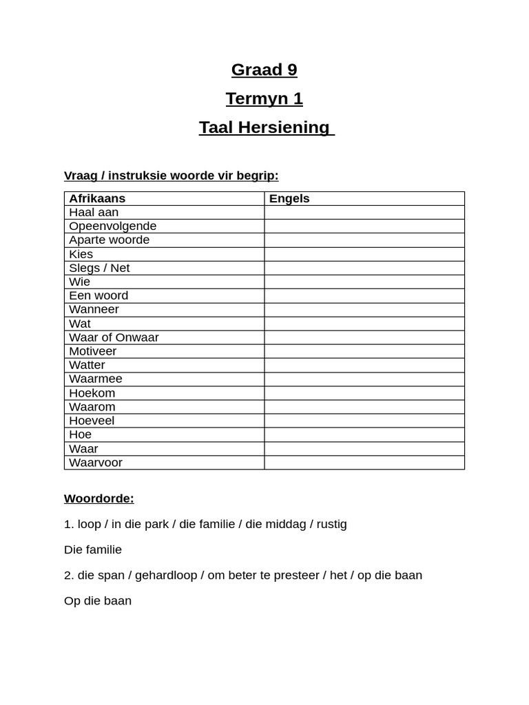 Graad 9 Taal Hersiening | PDF