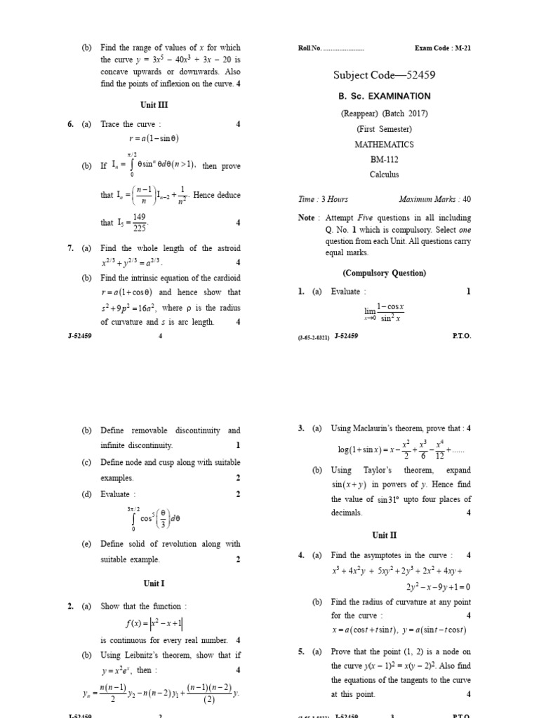 B.Sc. Mathematics Calculus Exam Paper | PDF | Curvature | Area