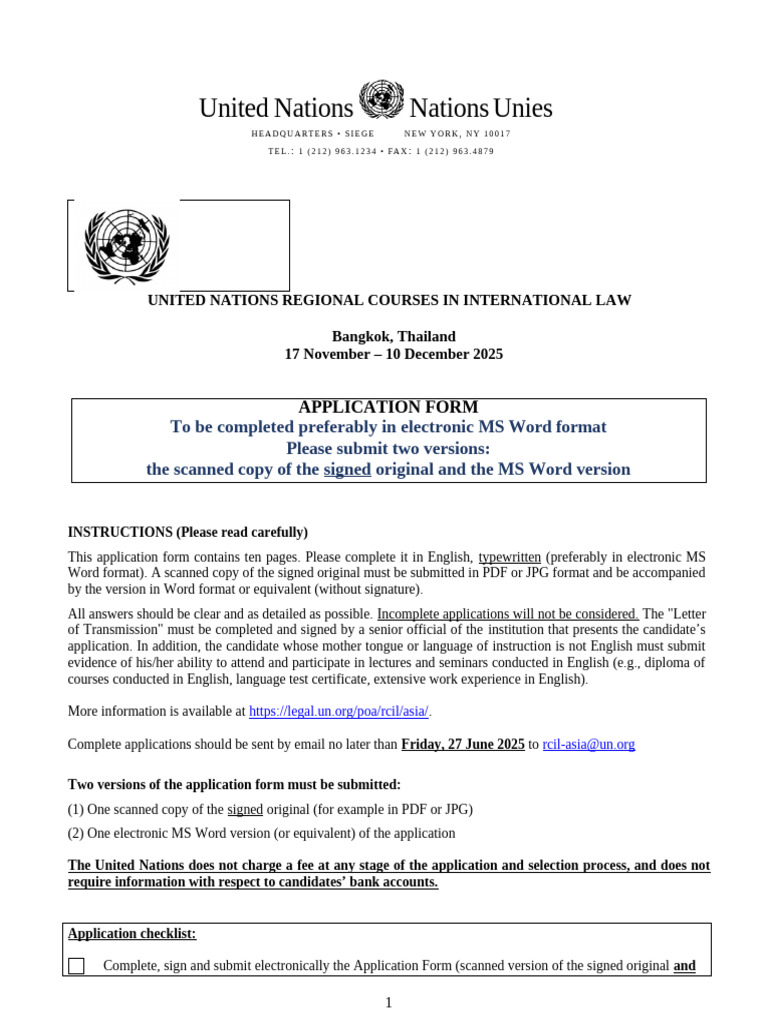UN Regional Course Application 2025 | PDF