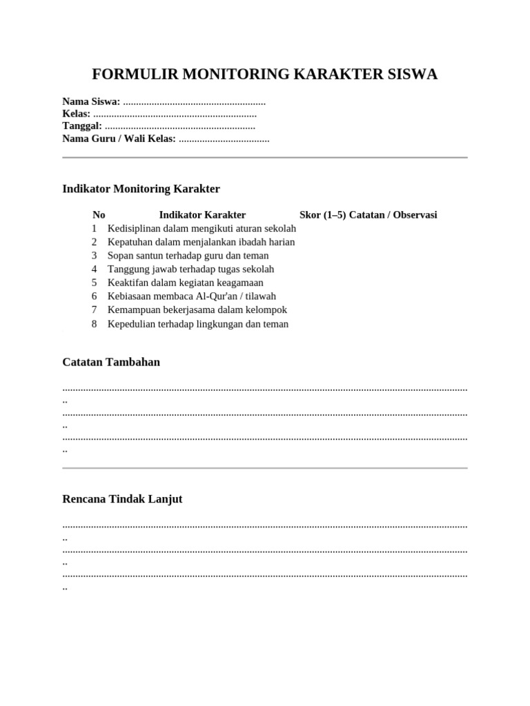 Formulir Monitoring Karakter Siswa | PDF