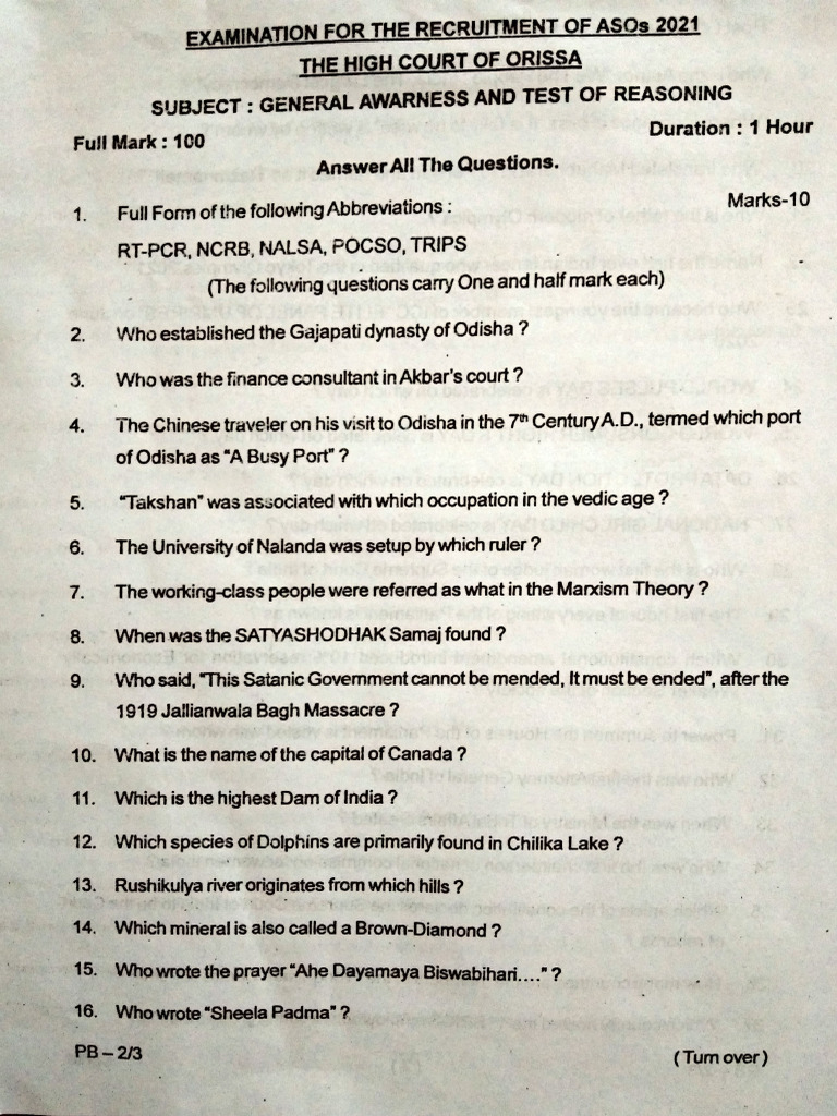 Orissa High Court ASO Main Exam 2021 GK Paper | PDF