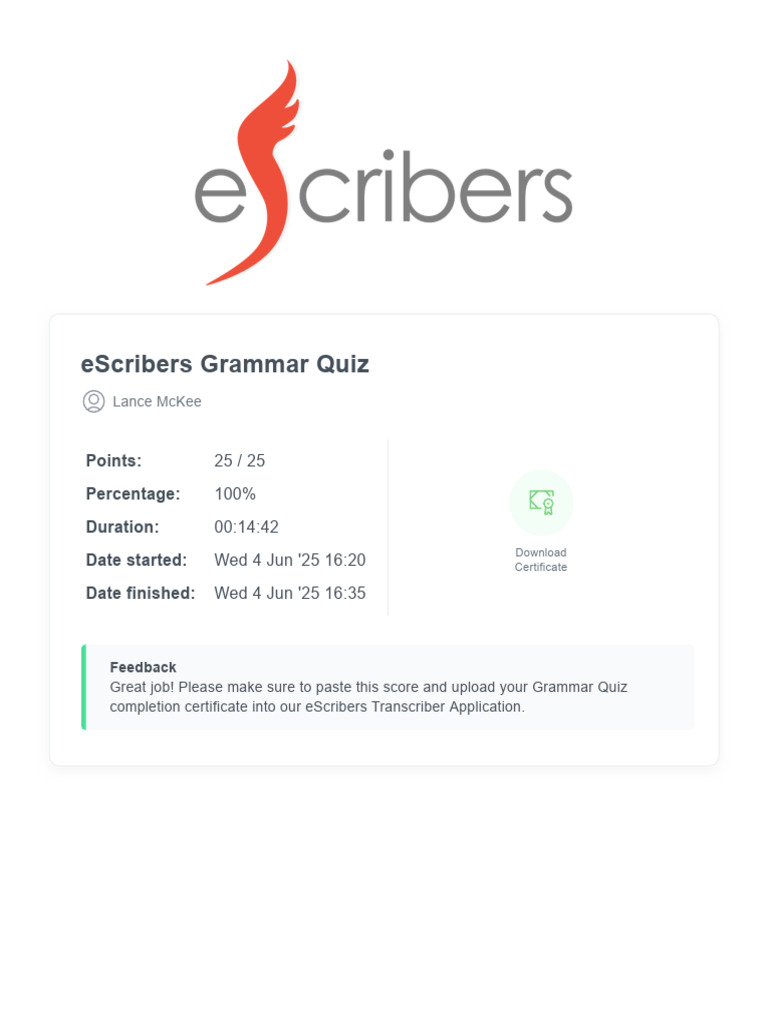 EScribers Grammar Quiz | PDF