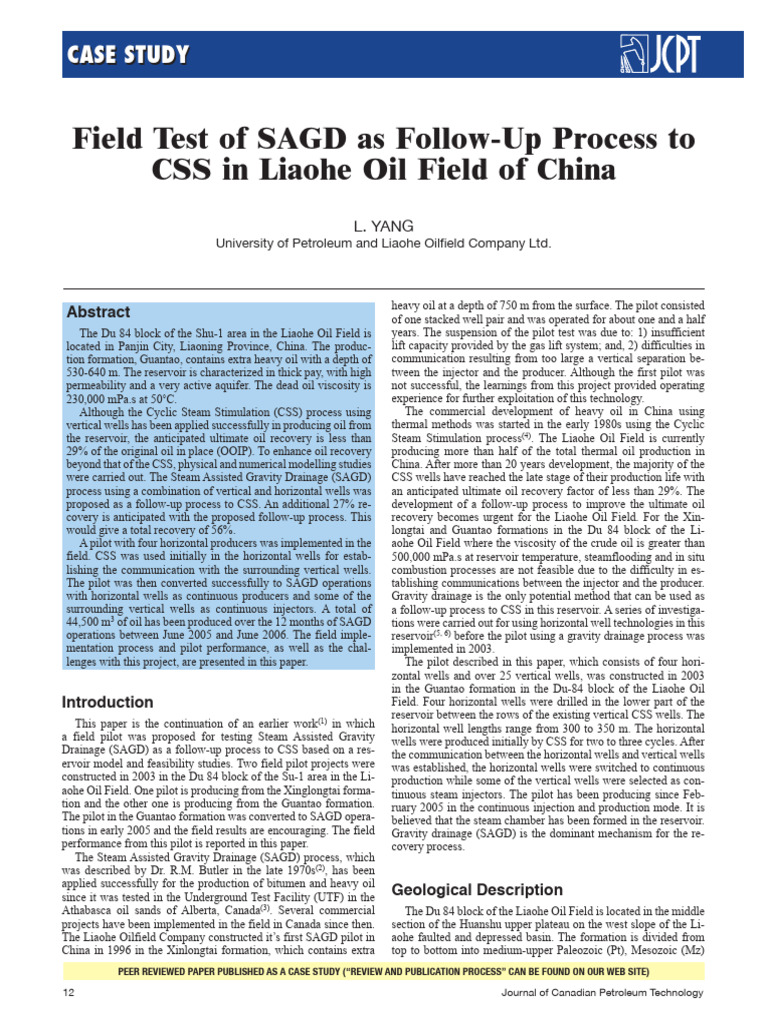 Yang 2007.field Test of SAGD As Follow-Up Process To CSS in Liaohe Oil ...