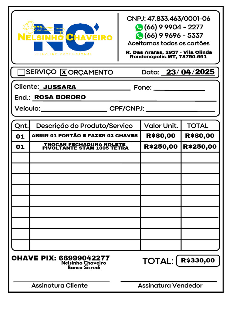 Recibo Nelsinho Chaveiro | PDF