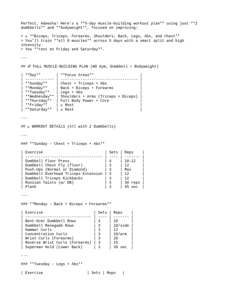 5-Day Dumbbell Muscle-Building Plan | PDF | Weight Training | Physical ...