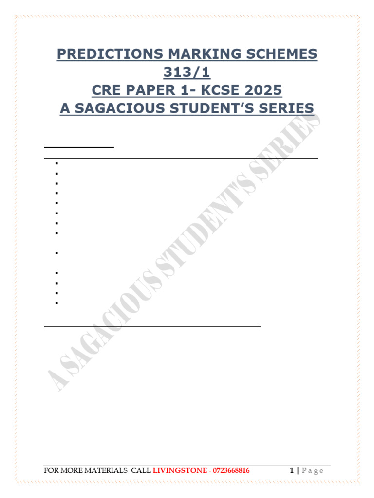 Cre p1 Kcse Predictions 2025 Answs | PDF | Books Of Kings | David