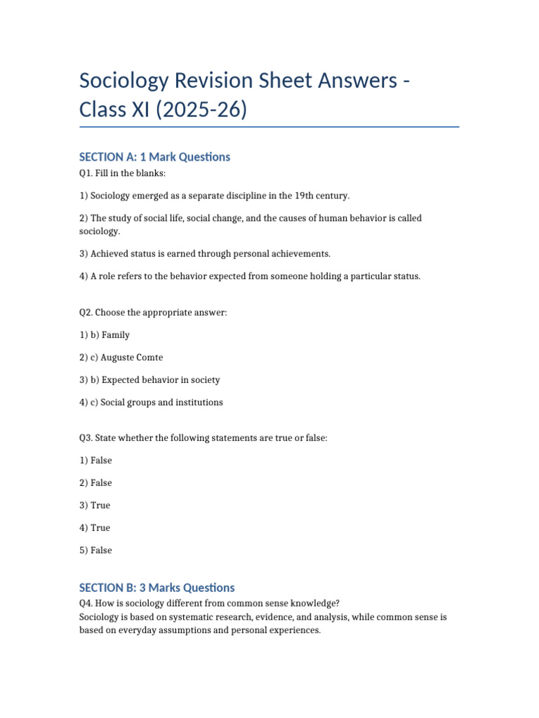 Sociology Revision Sheet Answers | PDF