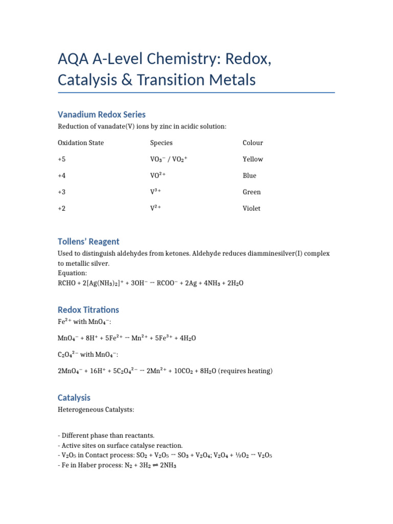AQA Chemistry Redox Catalysis Notes | PDF