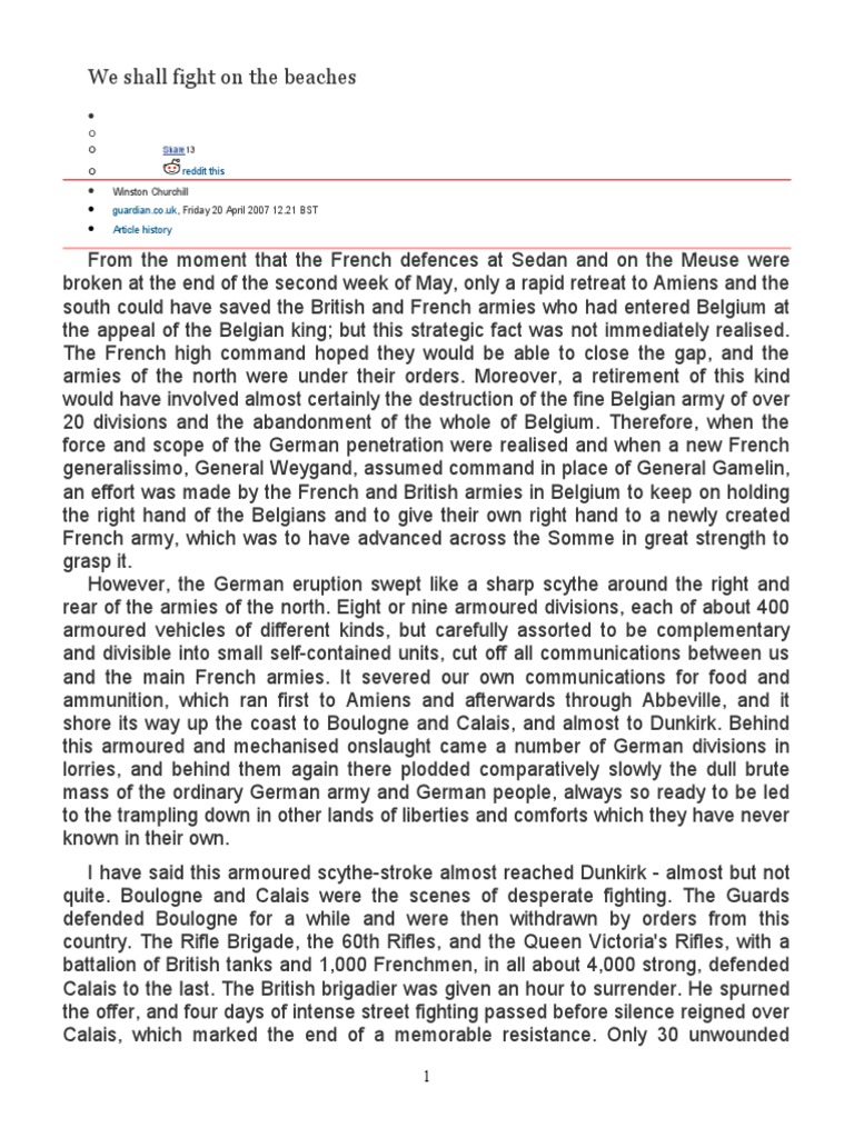 We Shall Fight On The Beaches | PDF