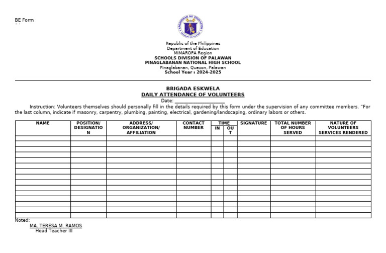 Brigada Eskwela 2024 Attendance Sheet | PDF