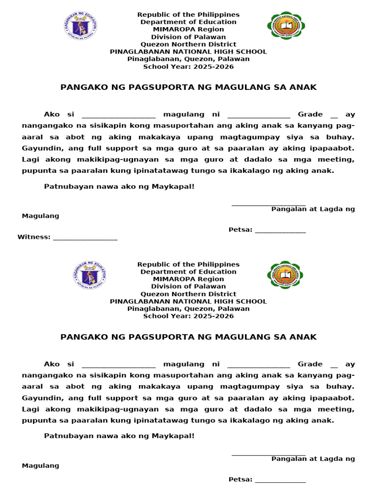 Pangako NG Magulang | PDF