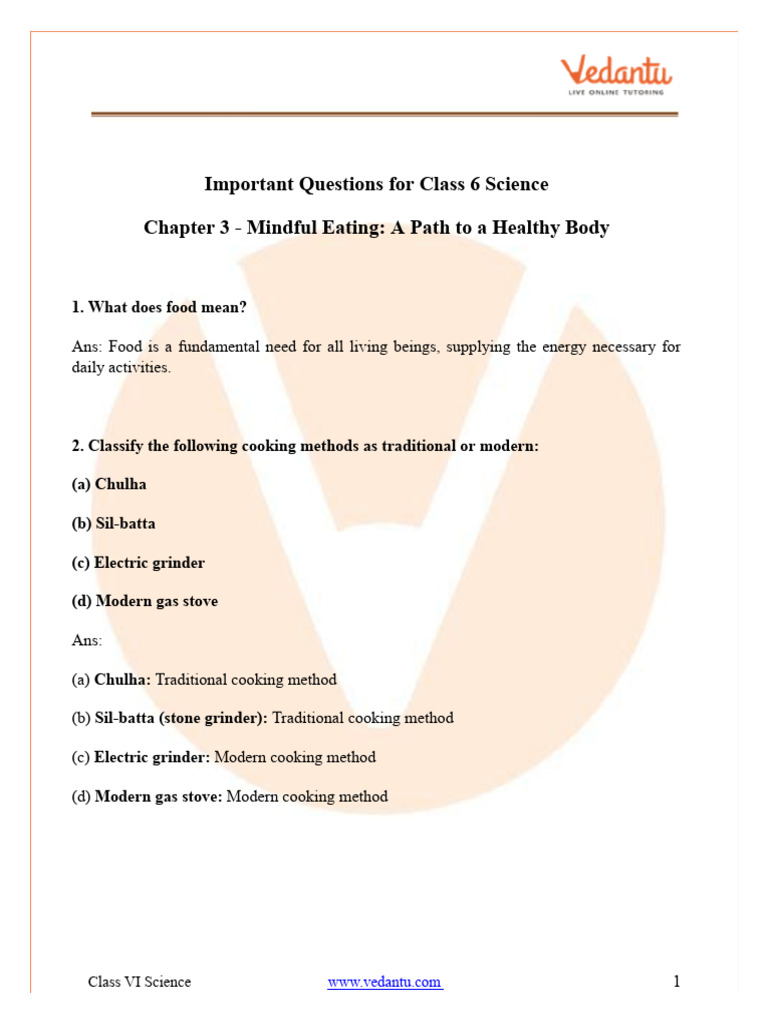 Class 6 Science Chapter 3 Questions | PDF | Foods | Nutrients