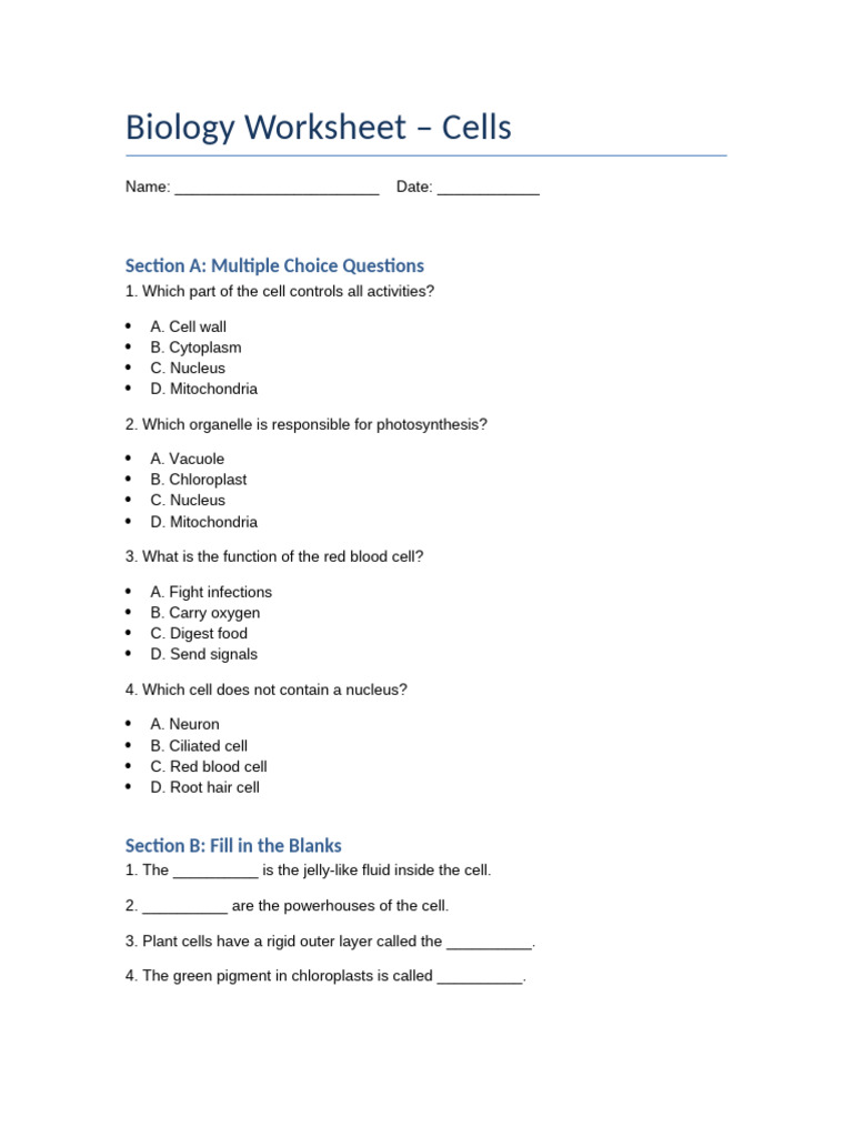 Biology Cells Worksheet | PDF