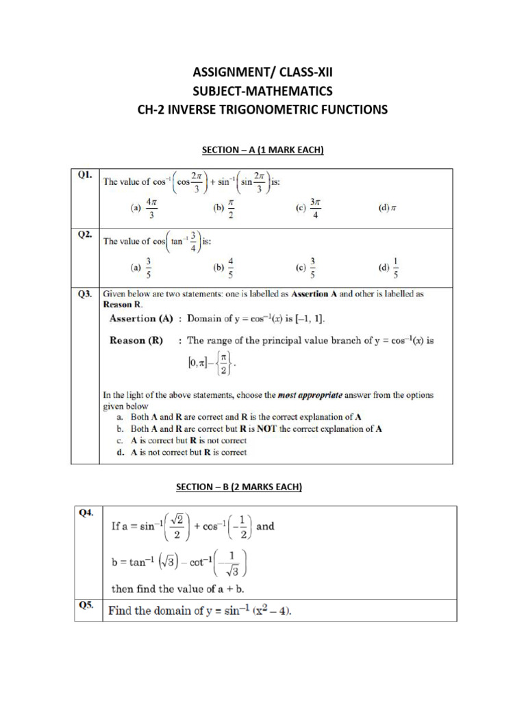 Ch-2 Inverse Trigometric Functions (Assignment) | PDF