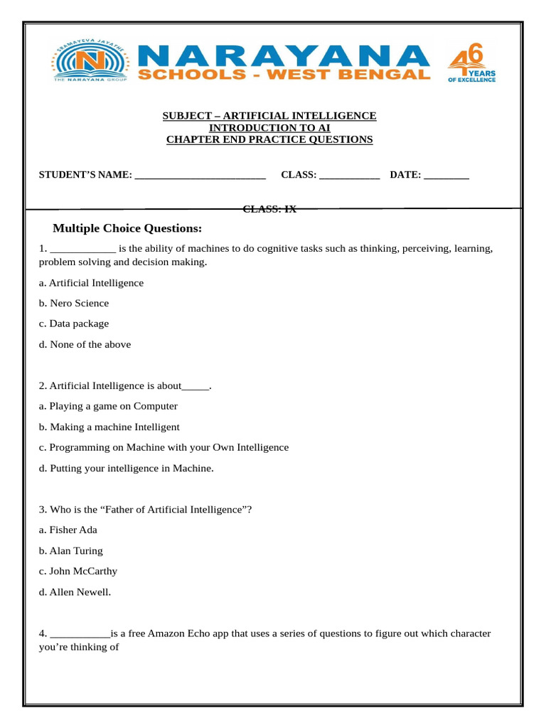 Class Ix Ai Chapter End Chapter - Introduction To Ai | PDF | Artificial ...