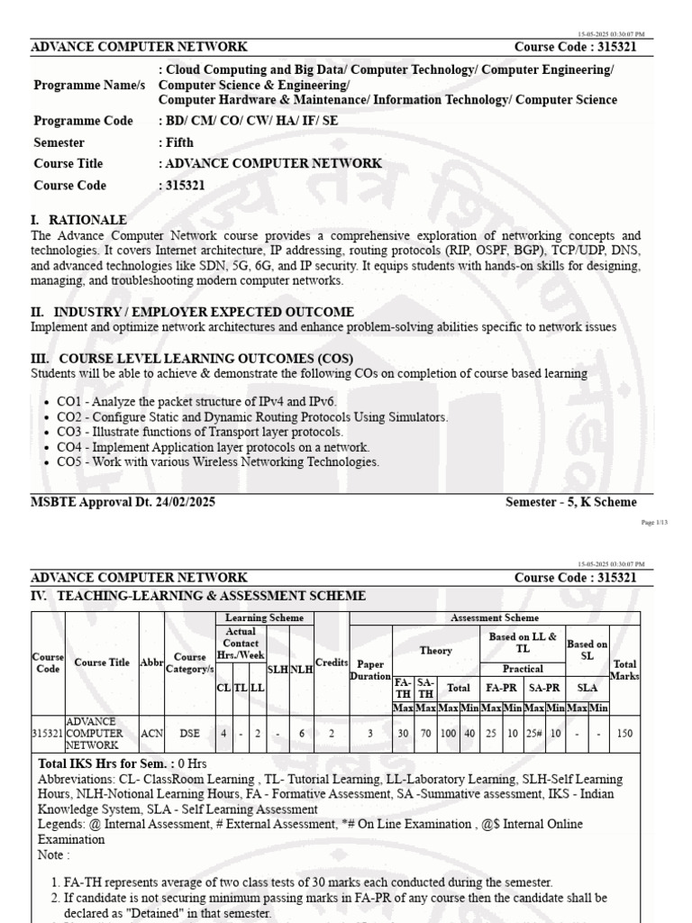 Advanced Computer Network Syllabus 315321 | PDF | Computer Network ...