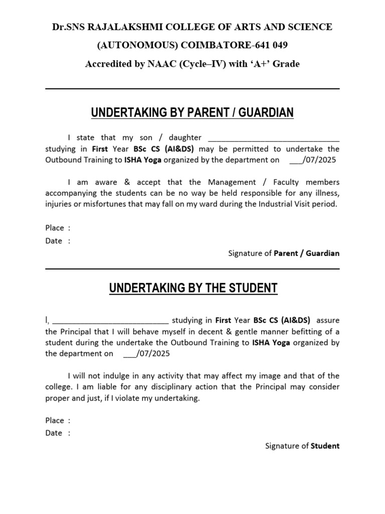 Undertaking Form - Outbound Training BSC CS AI&DS | PDF