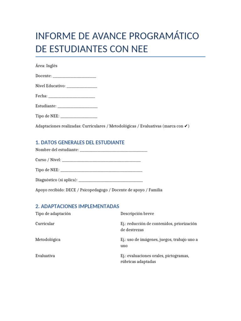 Informe Avance NEE Ingles | PDF