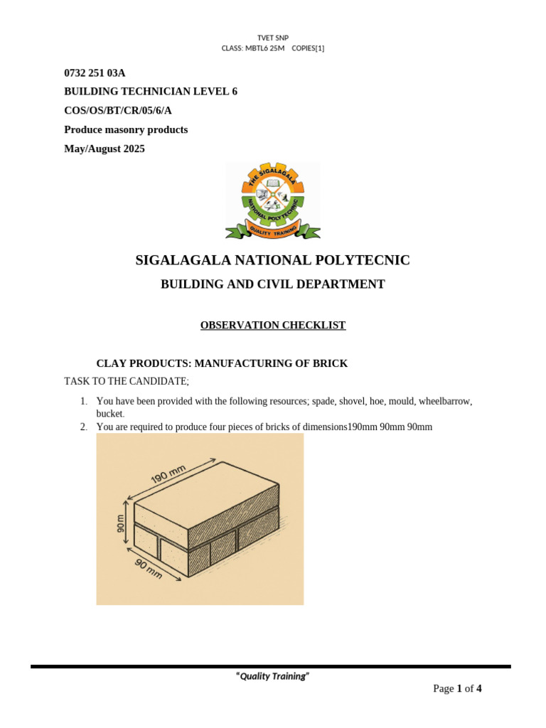 Brick Manufacturing Assessment Checklist | PDF