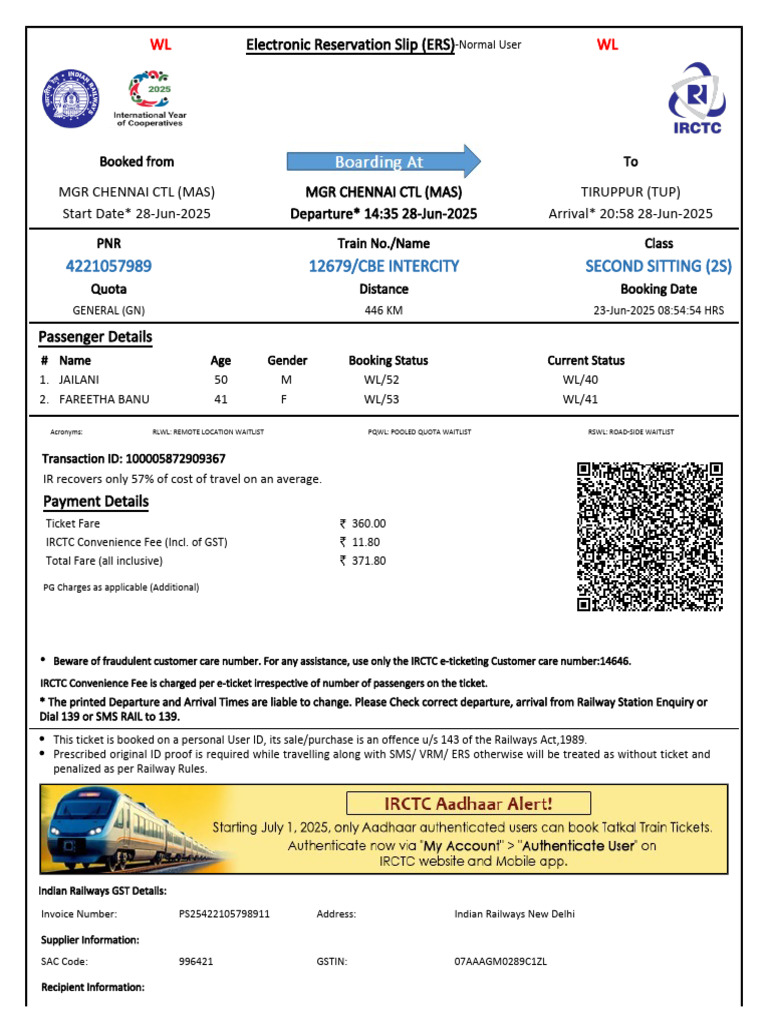 12679/cbe Intercity Second Sitting (2S) : WL WL | PDF | Identity Document | Payments