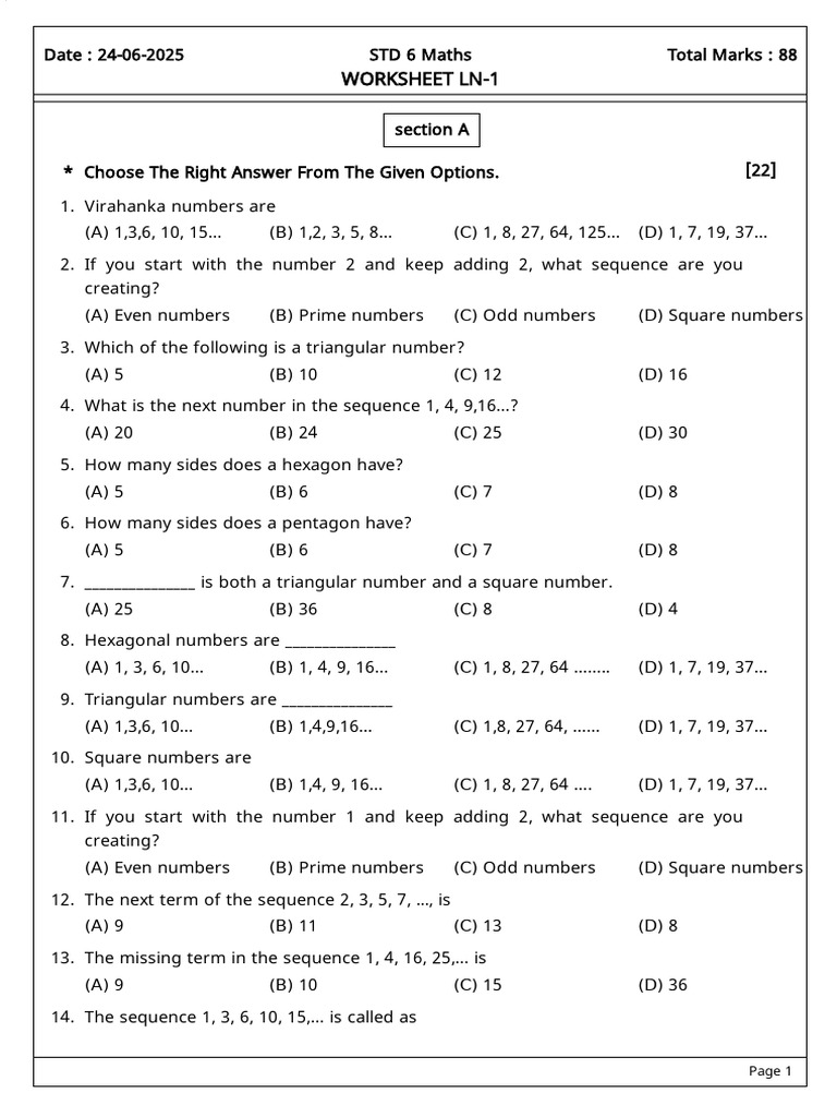 6th Maths Ln-1 Worksheet | PDF | Shape | Triangle