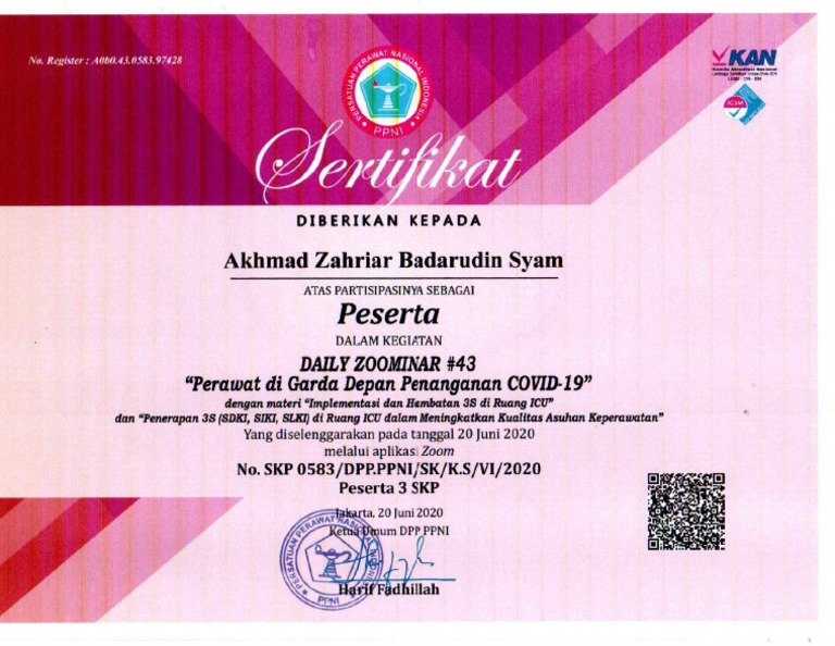 Sertifikat Zoominar Implementasi SDKI | PDF