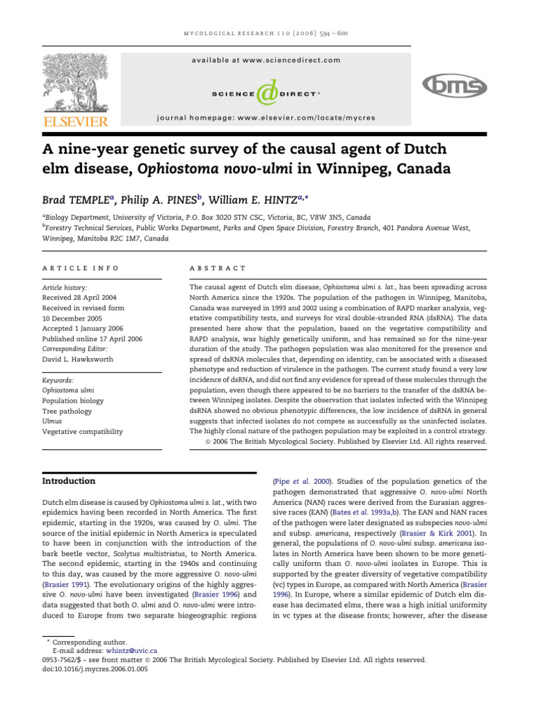A Nine-Year Genetic Survey of The Causal Agent of Dutch Elm Disease ...