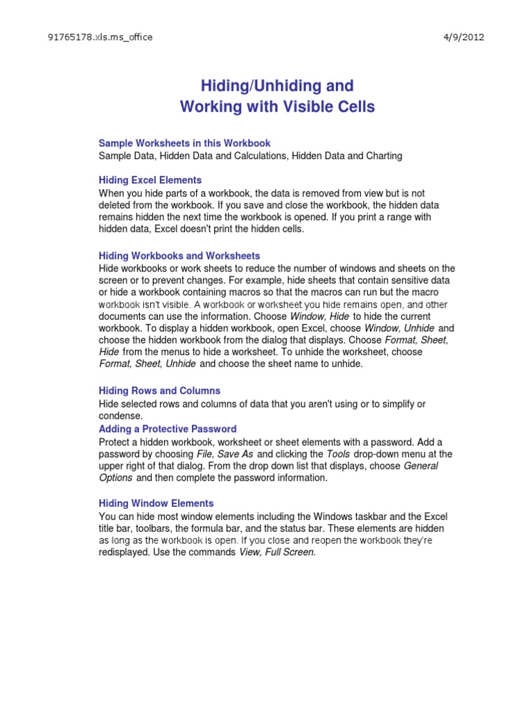 Hidingunhiding And Working With Visible Cells Sample Worksheets In This Workbook Pdf 