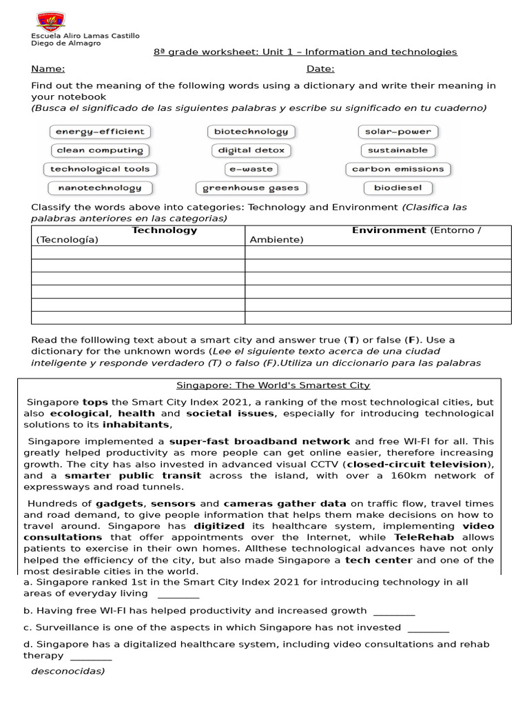 8vo Basico Worksheet 1 Information and Technologies | PDF