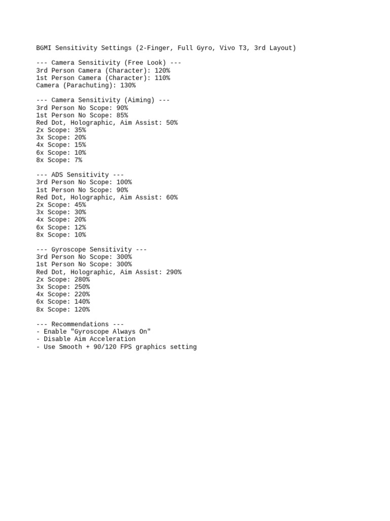 BGMI Sensitivity Settings VivoT3 2FingerGyro | PDF