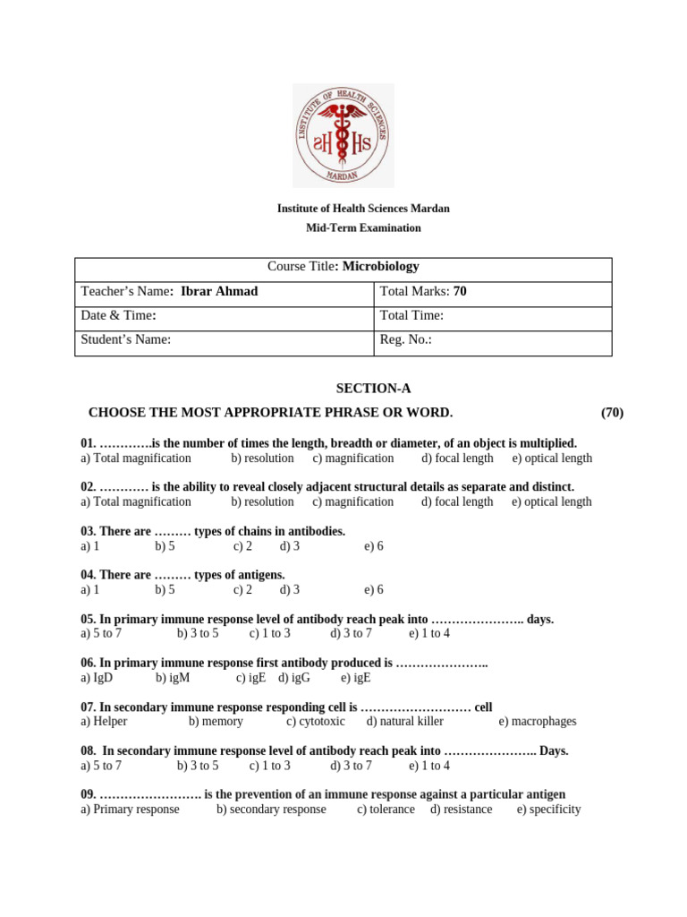 Microbiology Mid-Term Paper BSN 1st. | PDF | Immune System | Antimicrobial