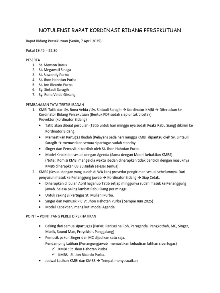 Notulensi Rapat Bidang Persekutuan 7 April 2025 | PDF