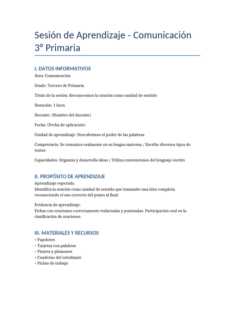 Sesion Aprendizaje La Oracion 3ro | PDF | Aprendizaje | Comunicación