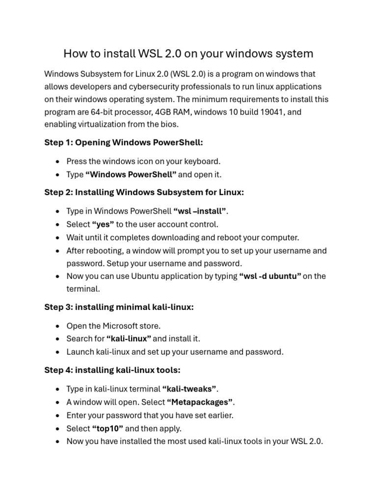 Install WSL 2.0 and Kali Linux Guide | PDF